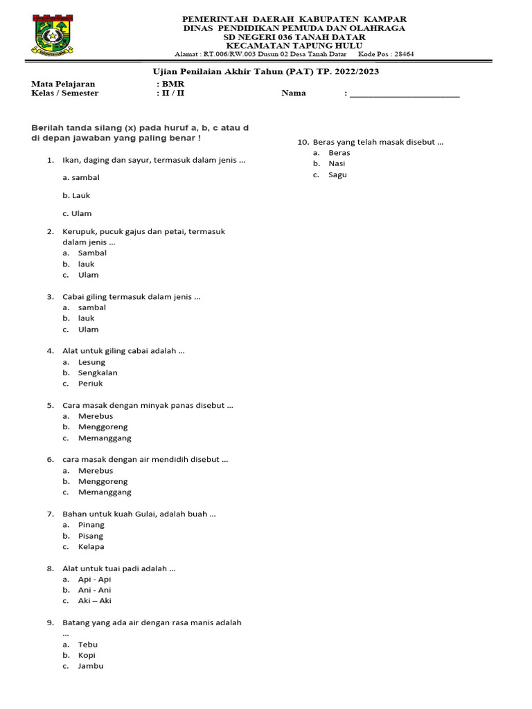 Soal BMR Semester 2 Kls 2 | PDF