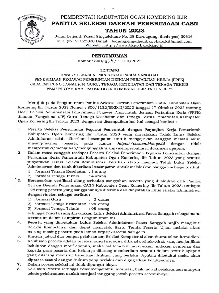 Pengumuman Hasil Seleksi Administrasi Pasca Sanggah Penerimaan CASN Pemkab. OKI Tahun 2023 | PDF