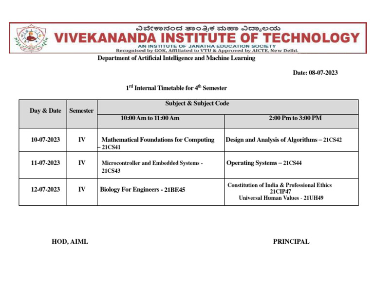 Department of AI&ML - 4th Sem Internal Timetable - 2023 | PDF | Art | Technology & Engineering
