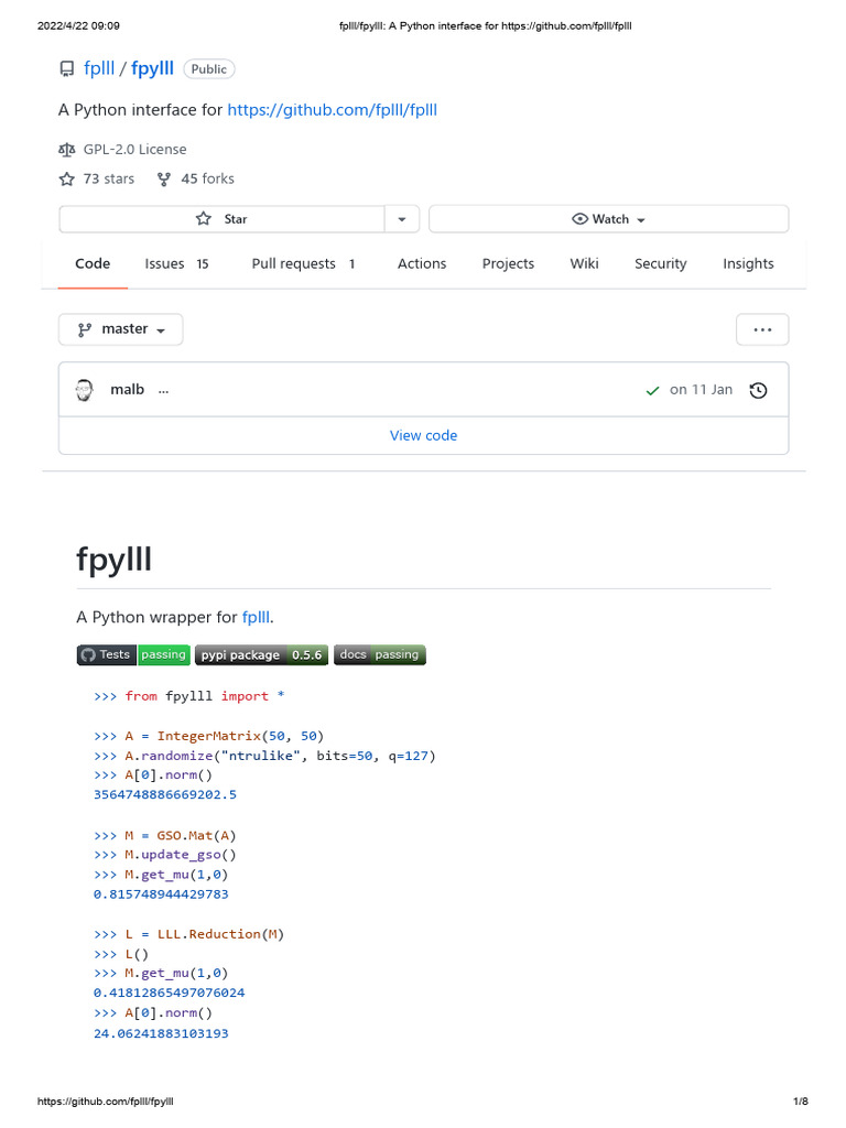 FPLLL Fpylll A Python Interface For Https Github - Com FPLLL FPLLL | PDF | Python (Programming ...