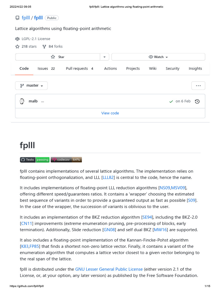 FPLLL - FPLLL - Lattice Algorithms Using Floating-Point Arithmetic | PDF | Library (Computing ...