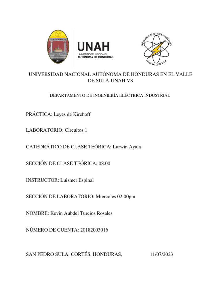 Práctica de Leyes de Kirchhoff: Kevin Turcios | PDF | Corriente ...