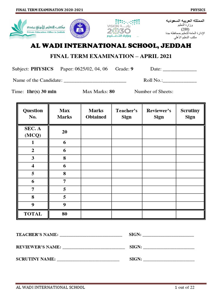 Grade 9 Physics Exam April 2021 | PDF | Methodology | Standardized Tests