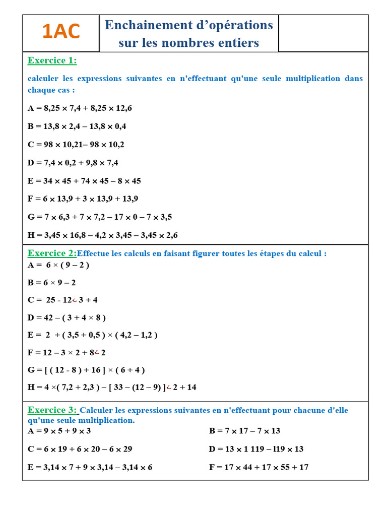 Les Operations Sur Les Nombres Decimaux Serie Dexercices N1 Word | PDF ...
