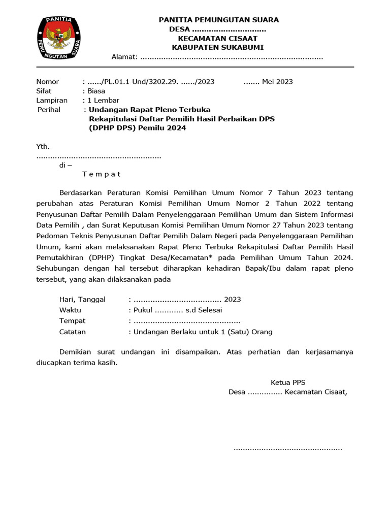 Berkas Persiapan Pleno DPHP DPS Tingkat PPS | PDF