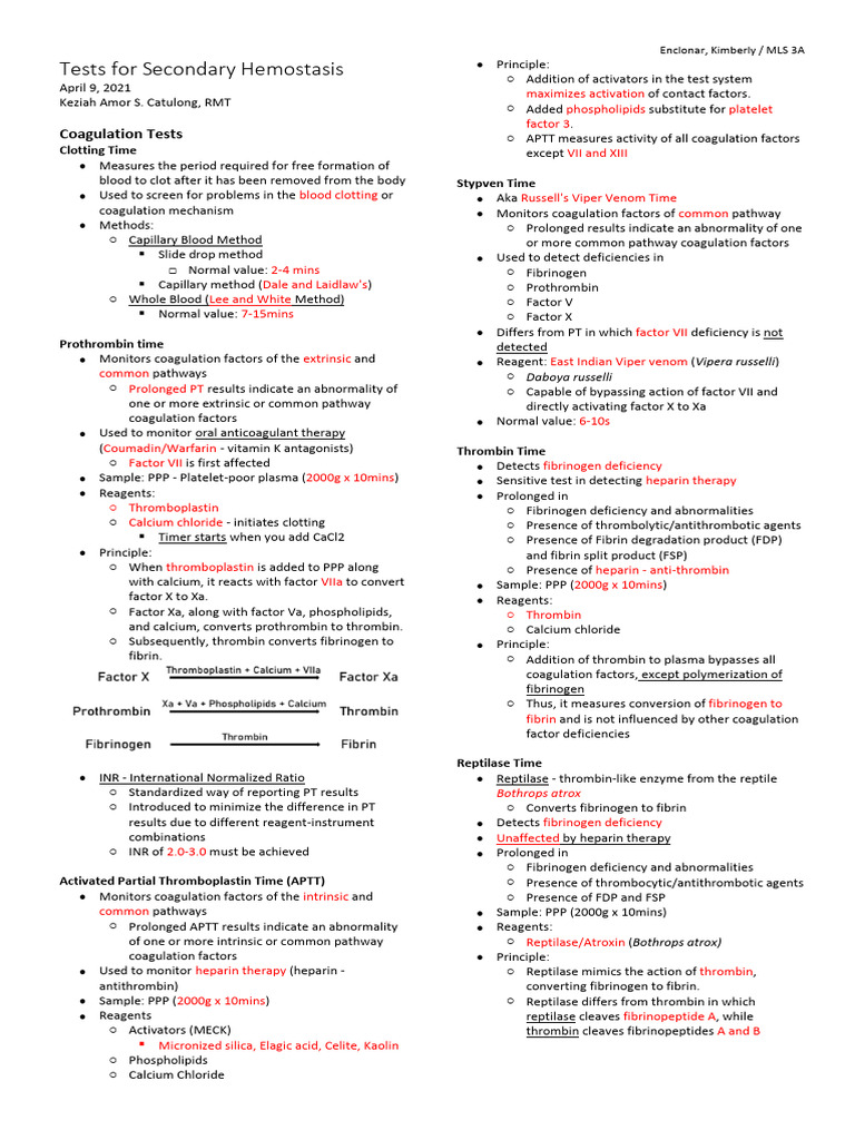 6 Tests For Secondary Hemostasis | PDF | Coagulation | Anatomy