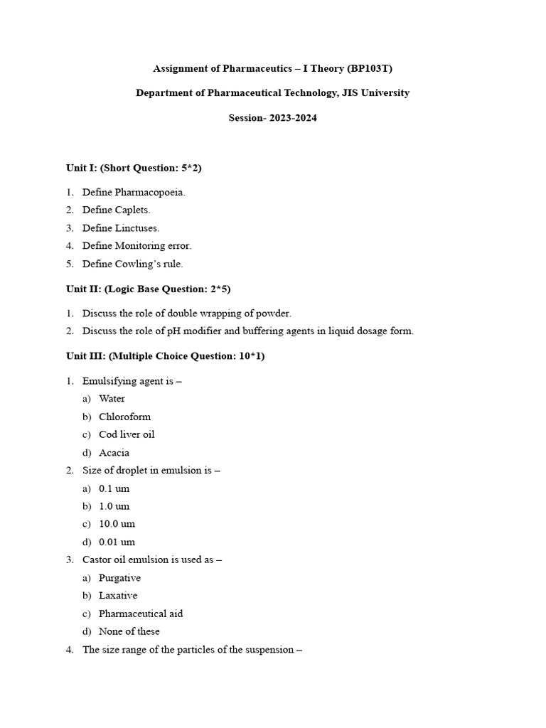 Assignment of Pharmaceutics - I Theory (BP103T) - 2023-2024 | PDF