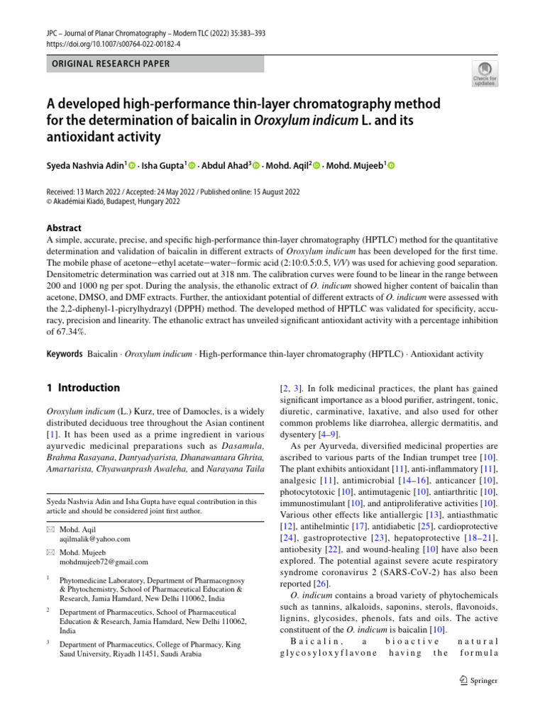 A Developed High Performance Thin Layer Chromatography Method For The Determination of Baicalin ...