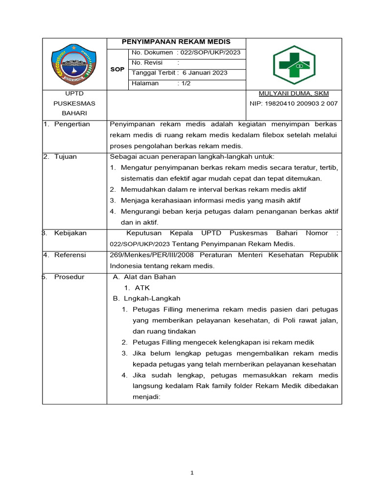 Sop Penyimpanan Rekam Medis | PDF