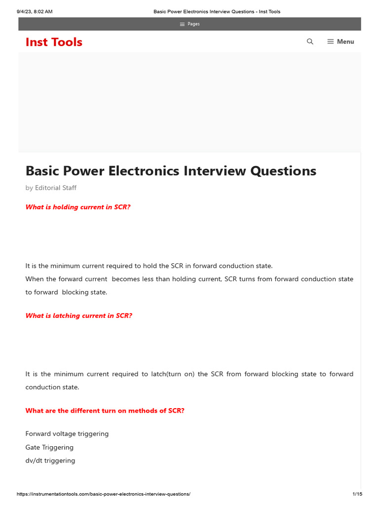 Basic Power Electronics Interview Questions - Inst Tools | PDF | Power Electronics | Electric Motor