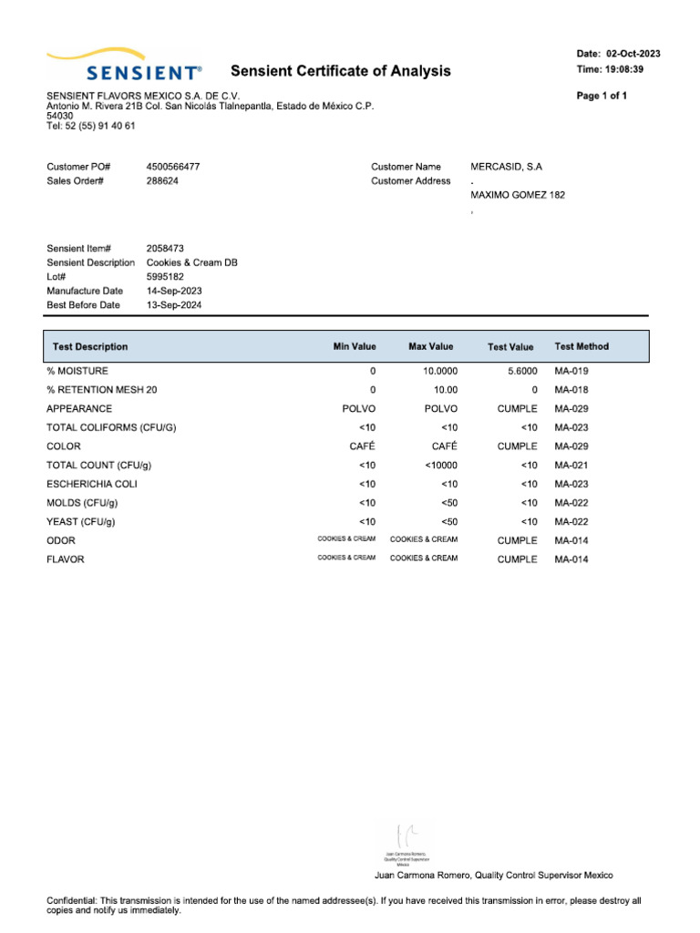 Otd-001 Certificado de Analisis 1 | PDF