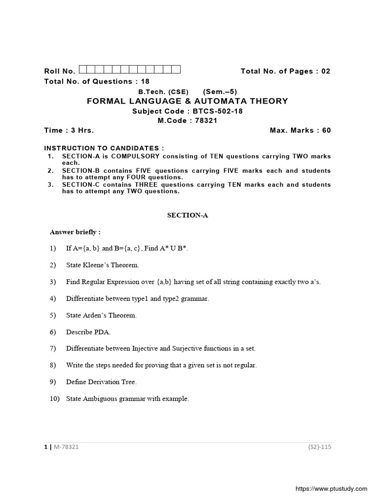 Btech Cse 5 Sem Formal Language and Automata Theory 78321 Jan 2021 | PDF | Automata Theory ...