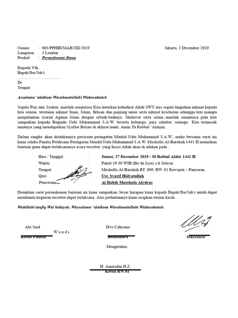 Surat Permohonan Bantuan Dana Donatur Dan Sirkulir MAB 2018 | PDF ...