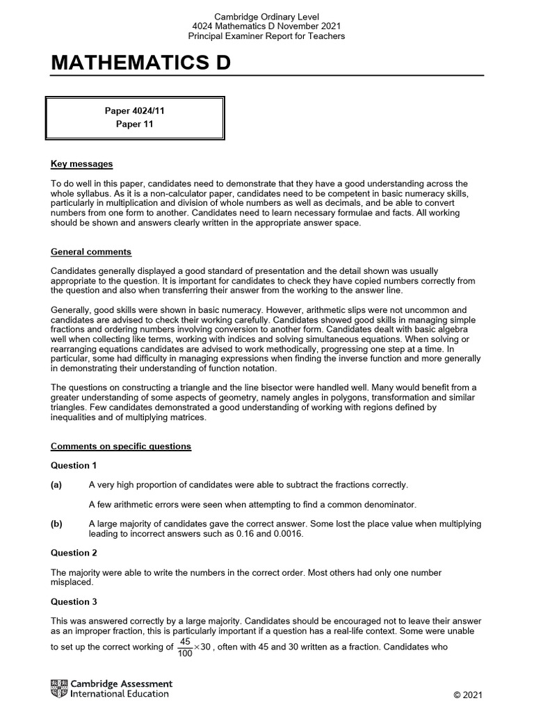 Mathematics D: Paper 4024/11 Paper 11 | PDF | Triangle | Matrix ...