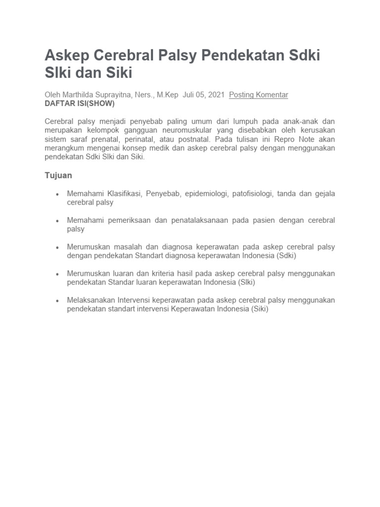 Askep Cerebral Palsy Pendekatan Sdki Slki Dan Siki | PDF