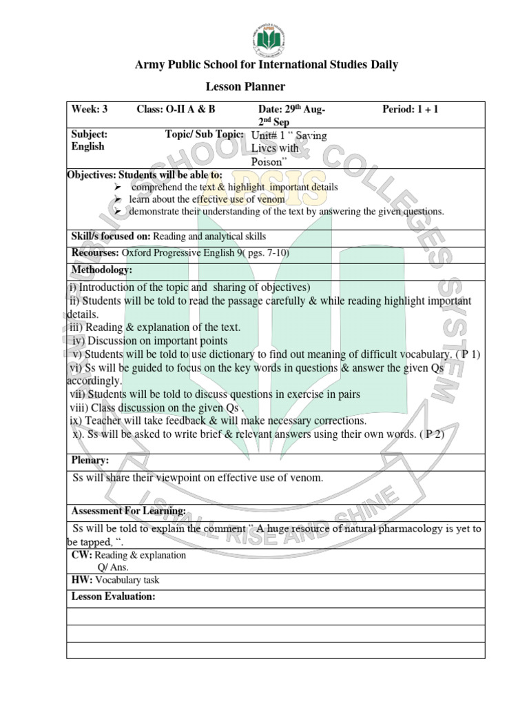 Army Public School For International Studies Daily Lesson Planner | PDF ...