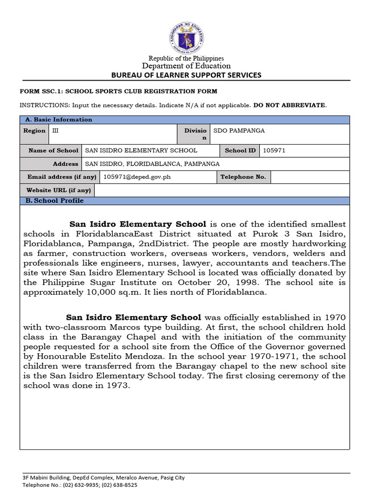 San Isidro Elementary School FORM SSC.1 School Sports Club Registration ...