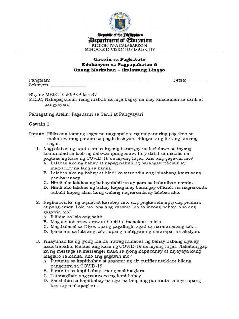 Gawain Sa Pagkatuto Edukasyon Sa Pagpapakatao 6 Unang Markahan - Ikalawang Linggo | PDF
