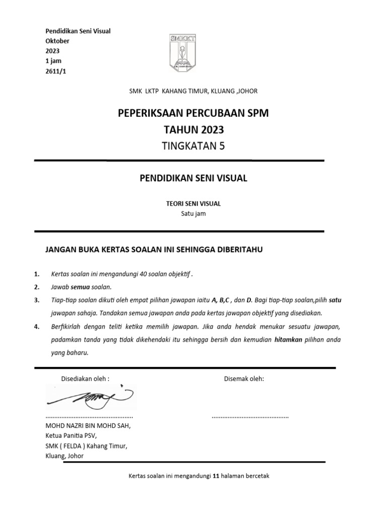 Soalan Percubaan SPM 2023 PSV Kertas 1 | PDF