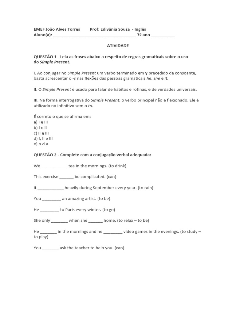 Atividade 7º Ano Simple Present | PDF