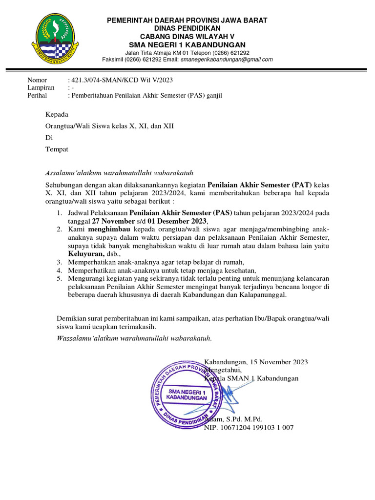 Surat Pemberitahuan P.A.S. - Sman 1 Kabandungan | PDF