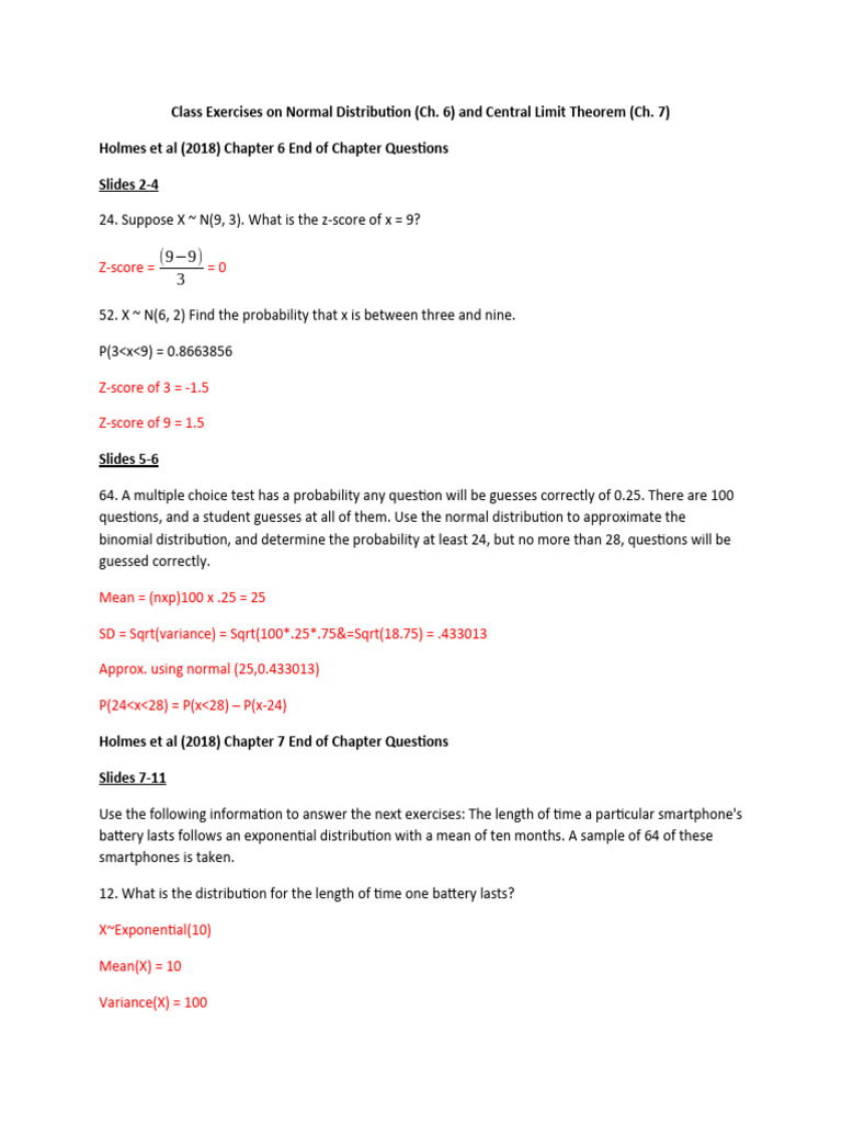 Class Exercises On Normal Distribution and CLT | PDF | Probability Theory | Probability