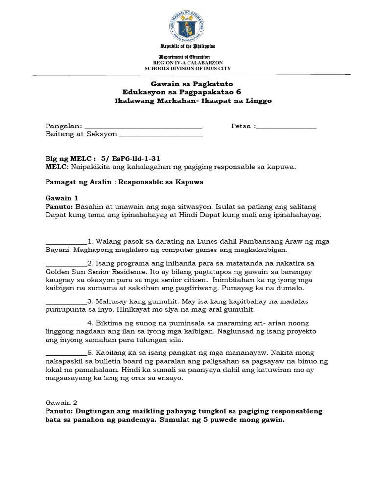 Gawain Sa Pagkatuto Edukasyon Sa Pagpapakatao 6 Ikalawang Markahan-Ikaapat Na Linggo | PDF