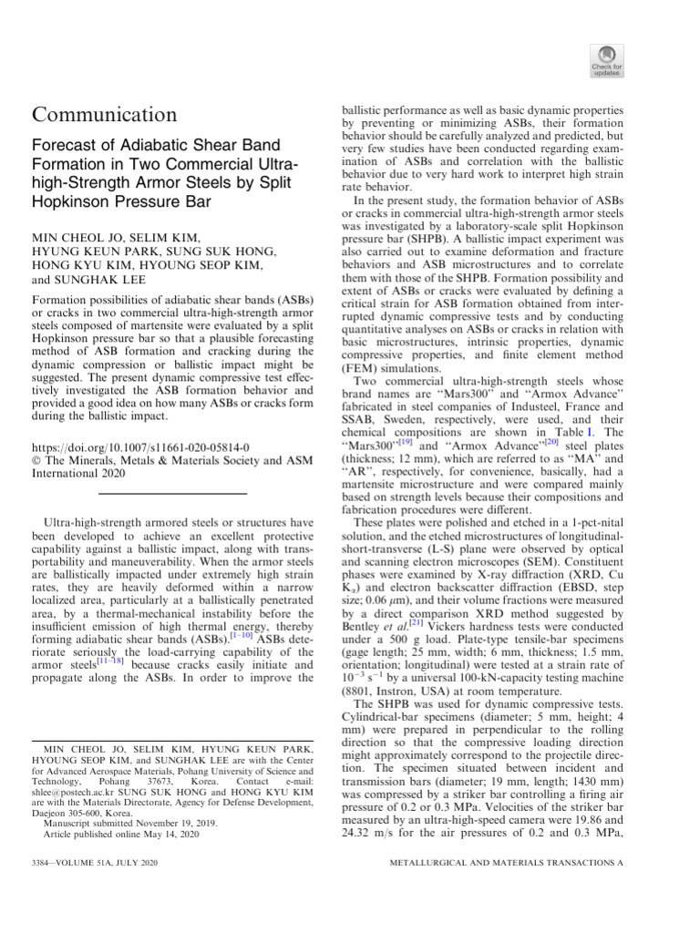 Forecast of Adiabatic Shear Band Formation in Two Commercial Ultra-High-Strength Armor Steels by ...