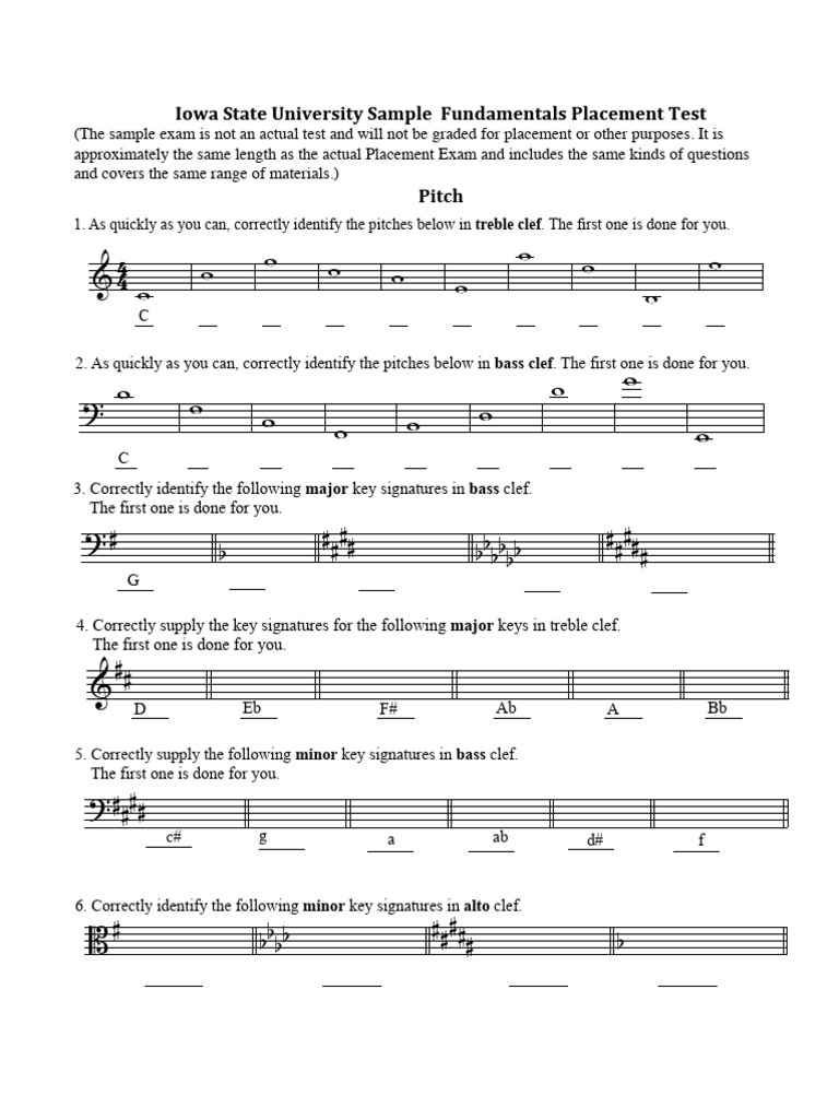 Sample Fundamentals Placement Test 1 | PDF | Minor Scale | Clef