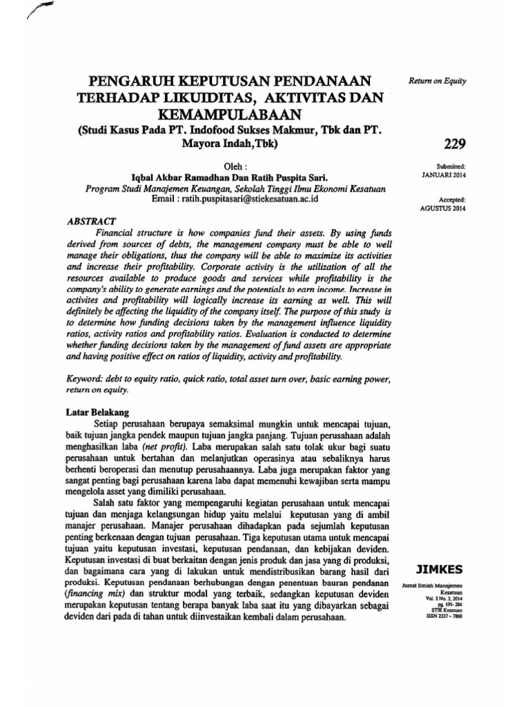 Kelola, 05-Pengaruh Keputusan Pendanaan Terhadap Likuiditas, Aktivitas, Dan Kemampulabaan (Studi ...