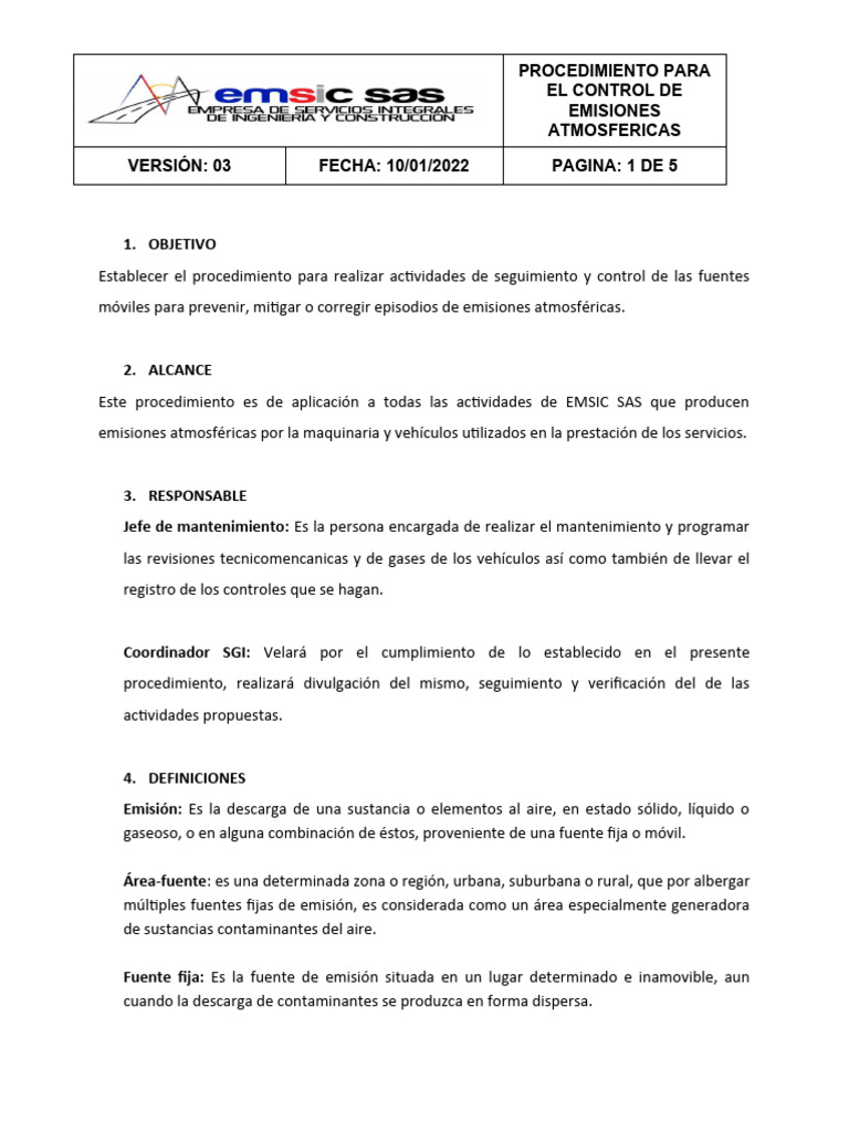 Procedimiento Control de Emisiones Atmosfericas | PDF | Contaminación | Entorno natural