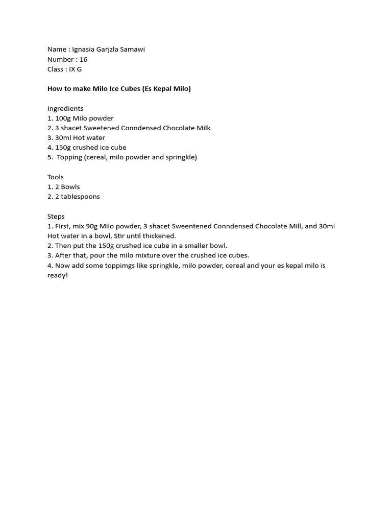 Procedure Text How To Make Es Kepal Milo | PDF