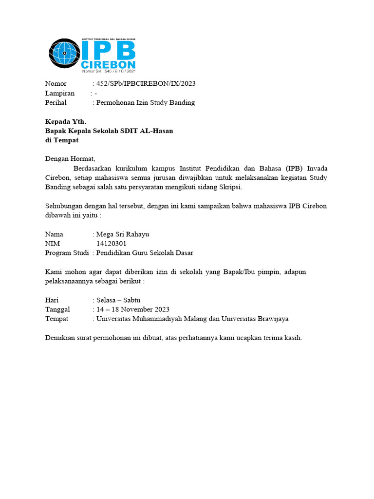 Surat Permohonan Izin Study Banding | PDF