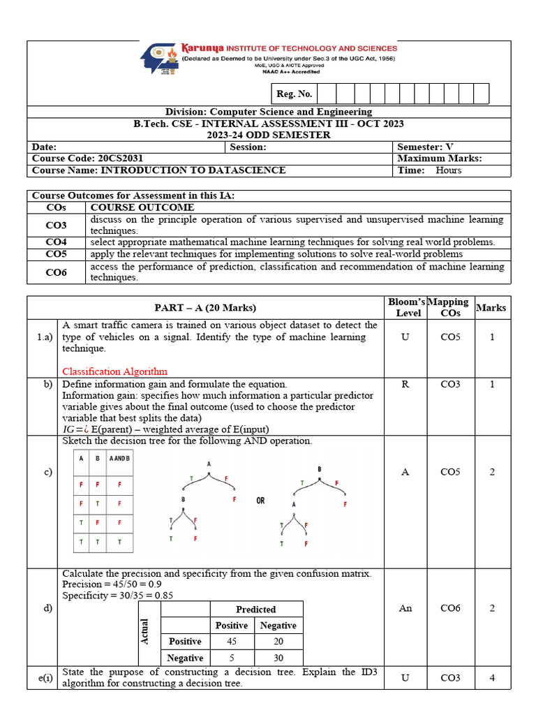 Course Outcomes For Assessment in This Ia: Cos Co3 Co4 Co5 Co6 | PDF ...