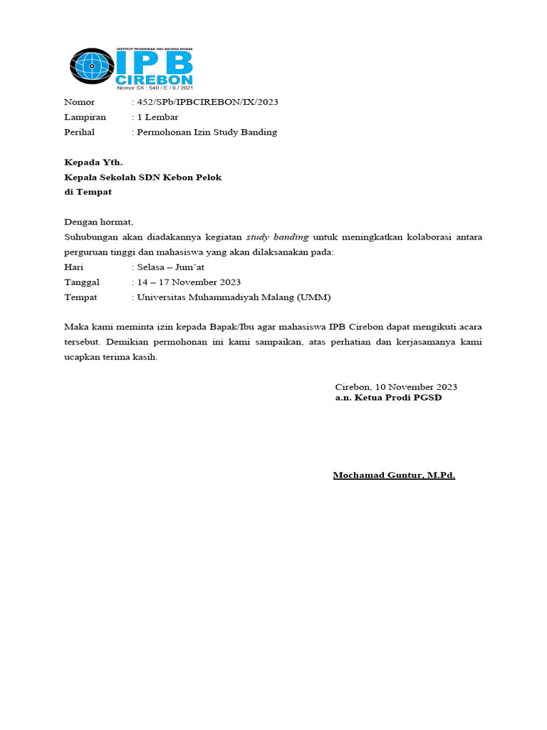 Surat Permohonan Izin Study Banding | PDF