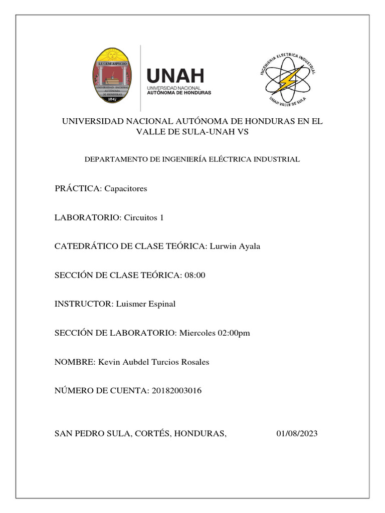 Prac 5 Circuitos 1 Kevin Turcios | PDF | Condensador | Cantidad