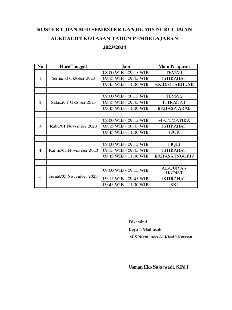 Roster Ujian Mid Semster Ganjil Mis Nurul Iman | PDF