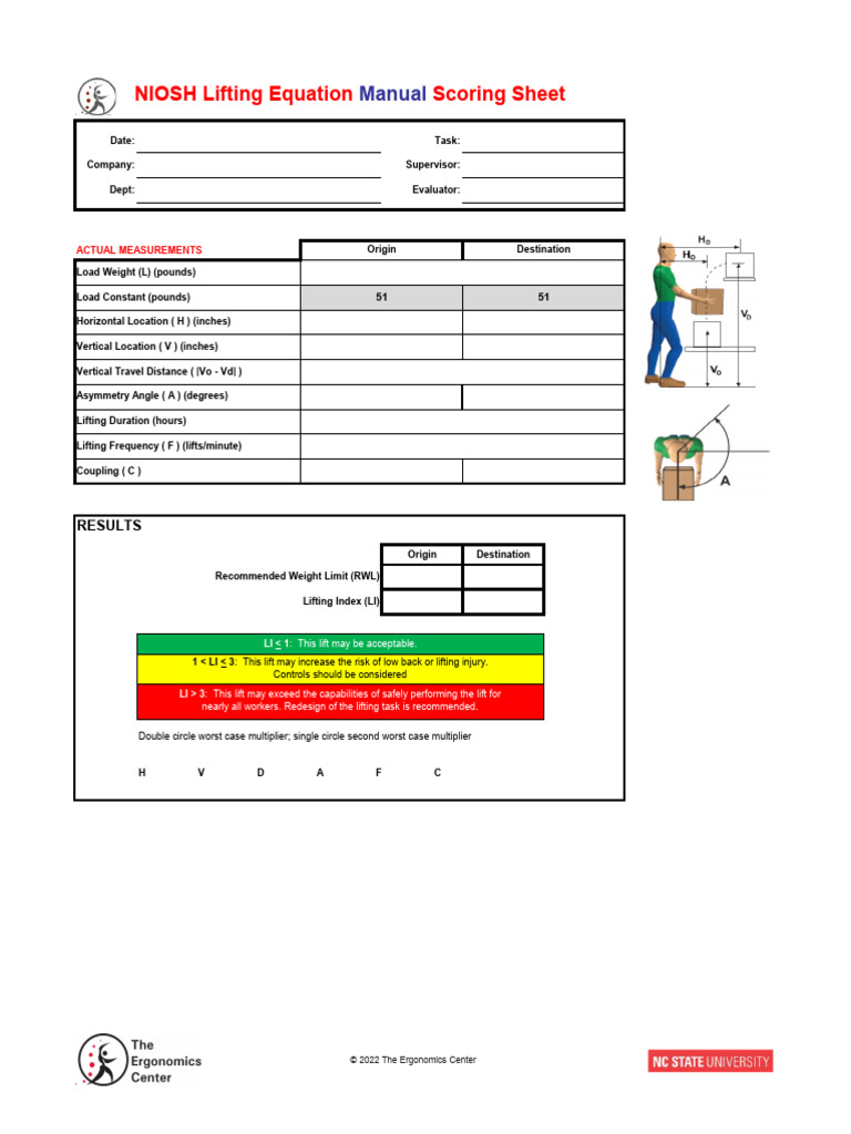 NIOSH Lifting Equation Scoring Sheet | PDF | Metrology