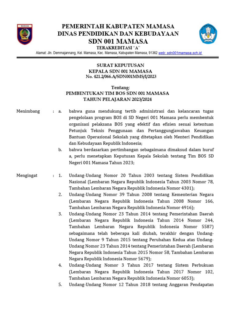 Pembentukan Tim BOS 2023 | PDF