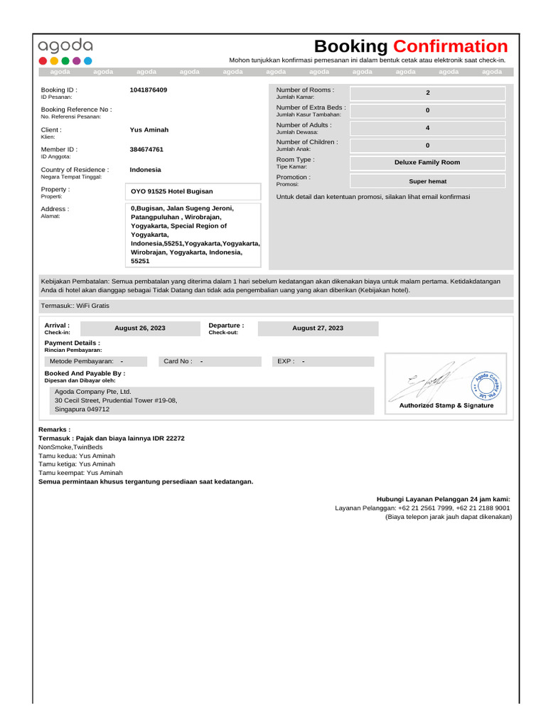 Confirmation For Booking ID # 1041876409 | PDF