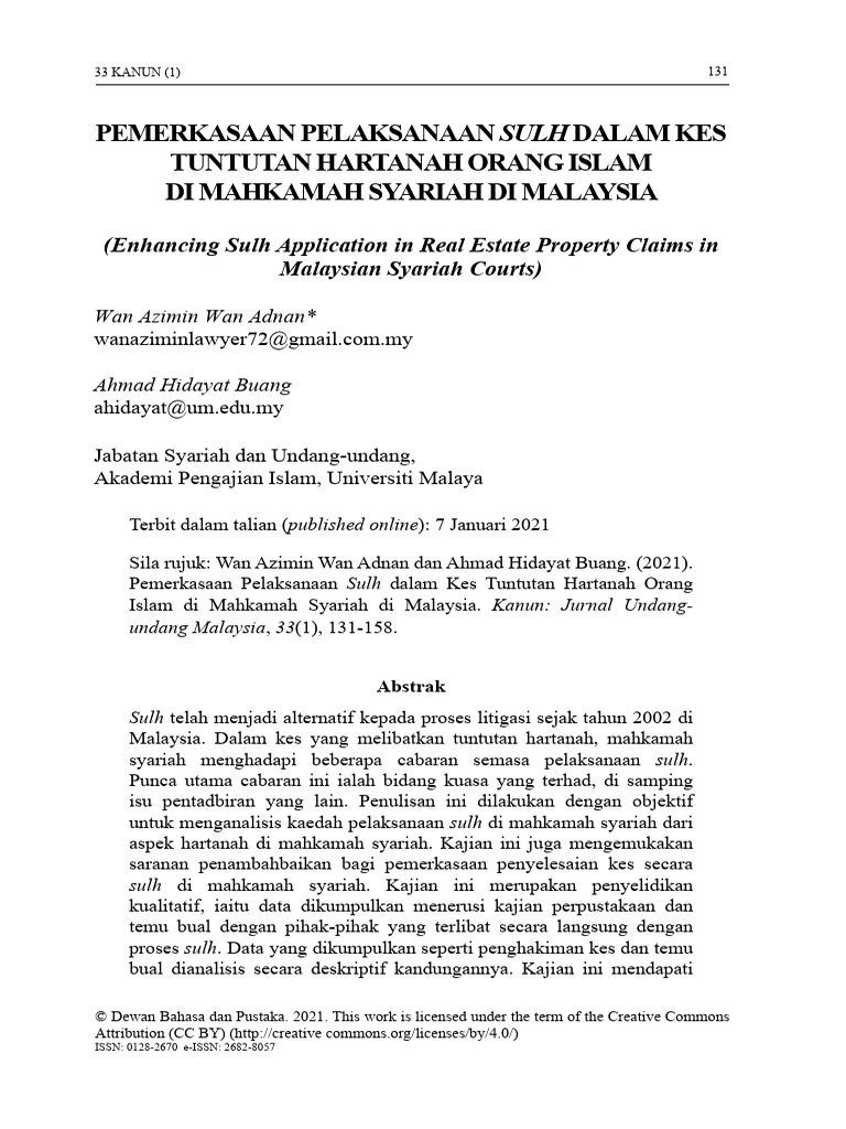 6 Pemerkasaan Pelaksanaan Sulh Dalam Kes Tuntutan Hartanah Orang Islam Di Mahkamah Syariah Di ...
