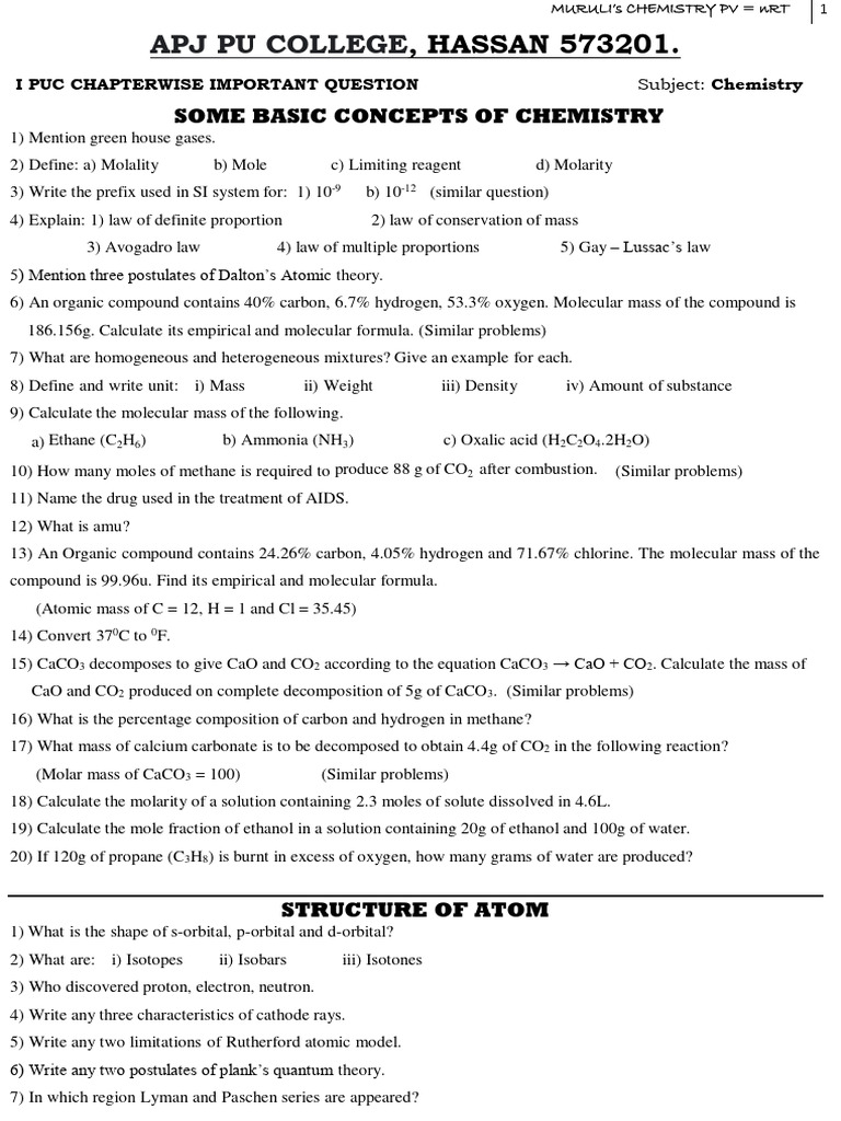 I PUC Imp Chapterwise Questions - Midterm | PDF | Mole (Unit) | Atomic Orbital