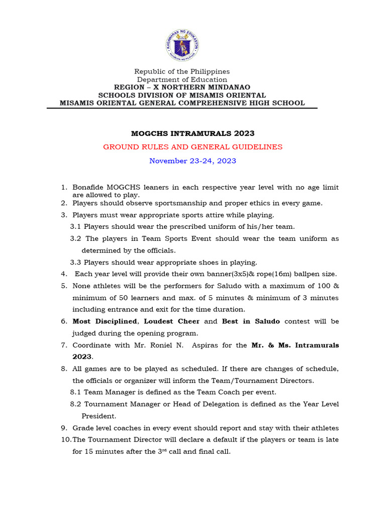 School Intramurals 2023 General Rules and Regulations | PDF | Sports ...