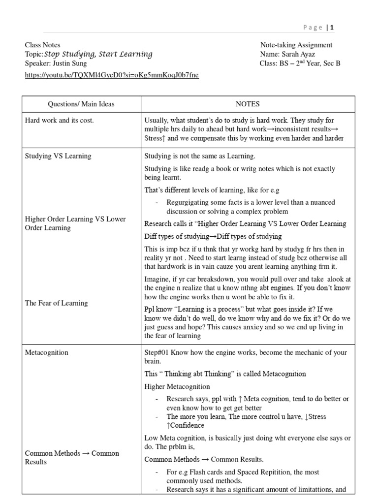 English Note Taking Assignment - Justin Sung Ted Talk | PDF ...