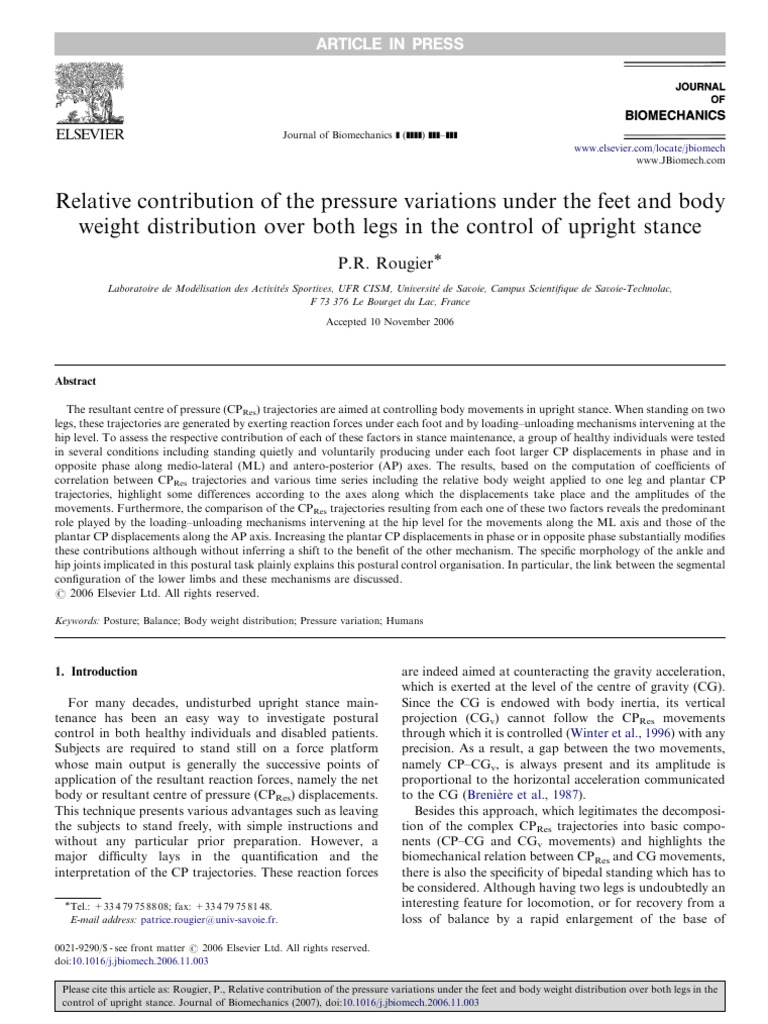Relative Contribution of The Pressure Variations Under The Feet and ...