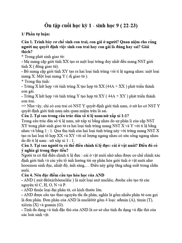 ÔN CUỐI HKI SINH 9 22 23 4 | PDF