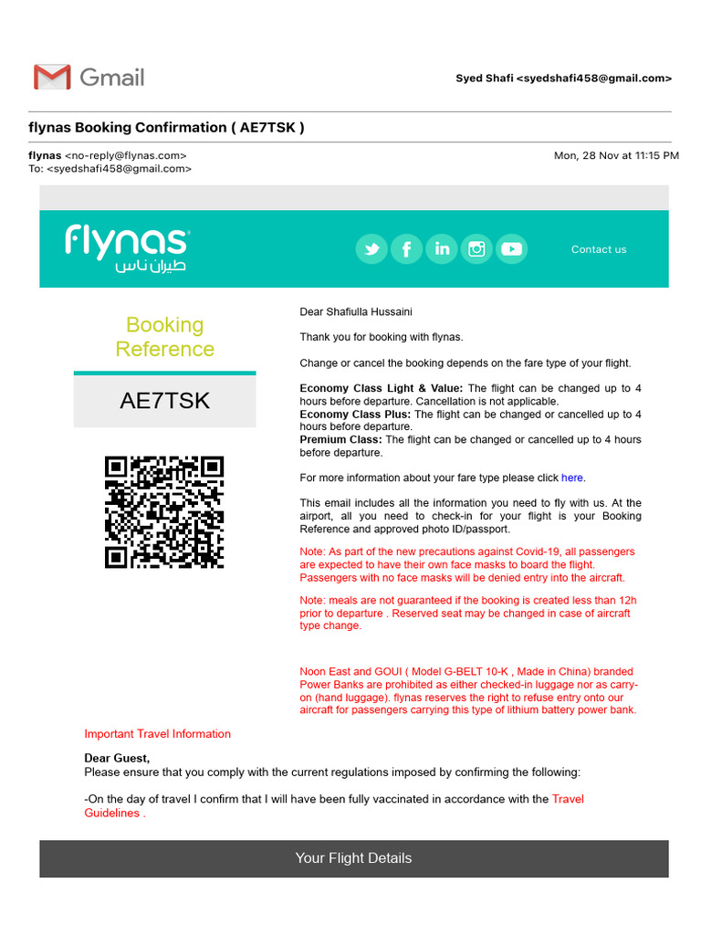 Flynas Booking Confirmation (AE7TSK) | PDF | Fee | Transport