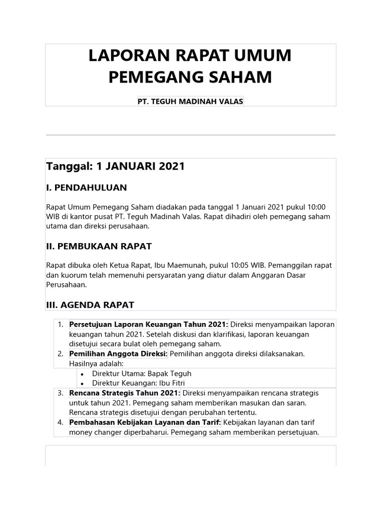 Contoh Laporan Rapat Umum Pemegang Saham | PDF