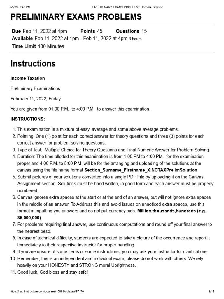 Income Taxation Preliminary Exam Guide | PDF | Taxes | Dividend