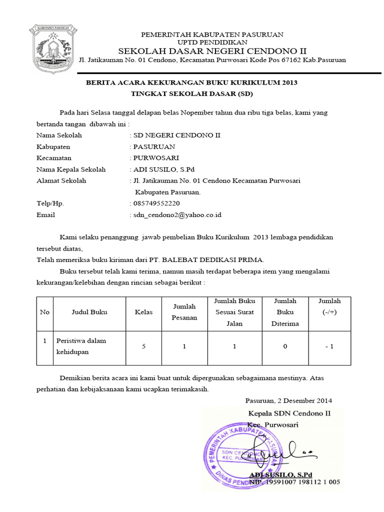 Berita Acara Kekurangan Buku SDN Cendono II | PDF